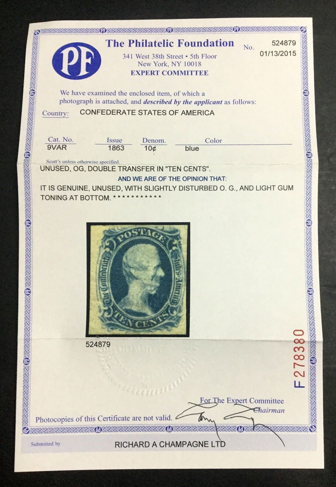 US Stamps CSA #9 VAR. Double Transfer Mint OG H PF Cert LOT #85857 ...