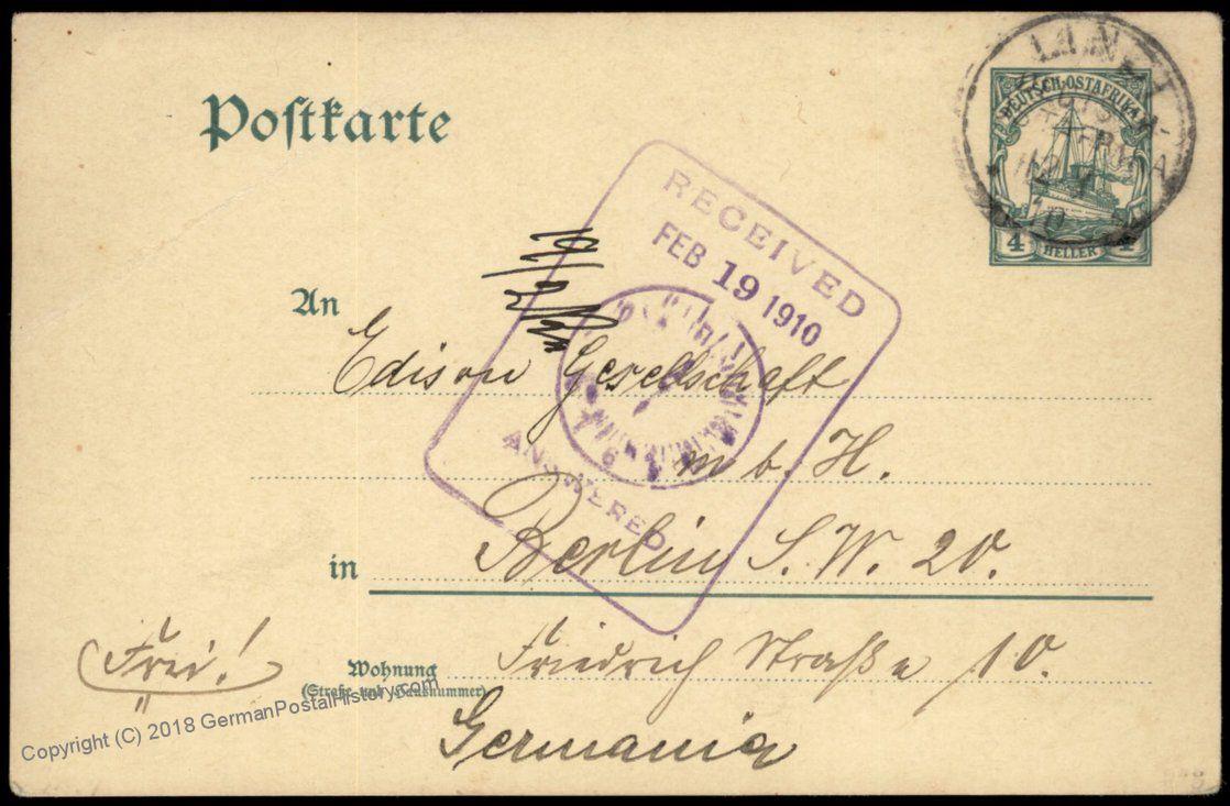 Germany 1910 East Africa MKOE-SEE DOA LINDI Cover Stationery 87104 ...