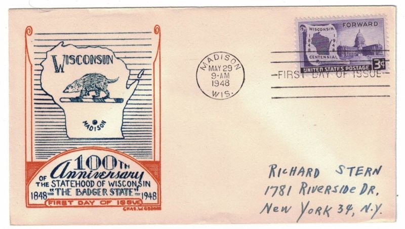 1948 FDC, #957, 3c Wisconsin Statehood Centennial, C. W. George ...