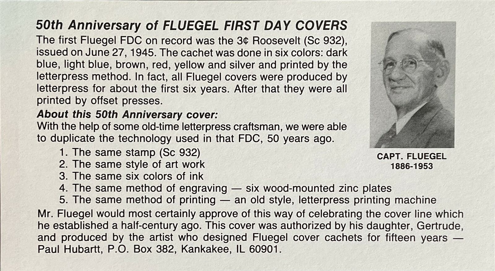 Fluegel Never Serviced 50th Anniversary of Fluegel First Day Covers ...
