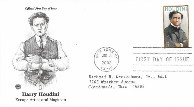 2002 FDC, #3651, 37c Harry Houdini, Fleetwood & PCS | United States ...