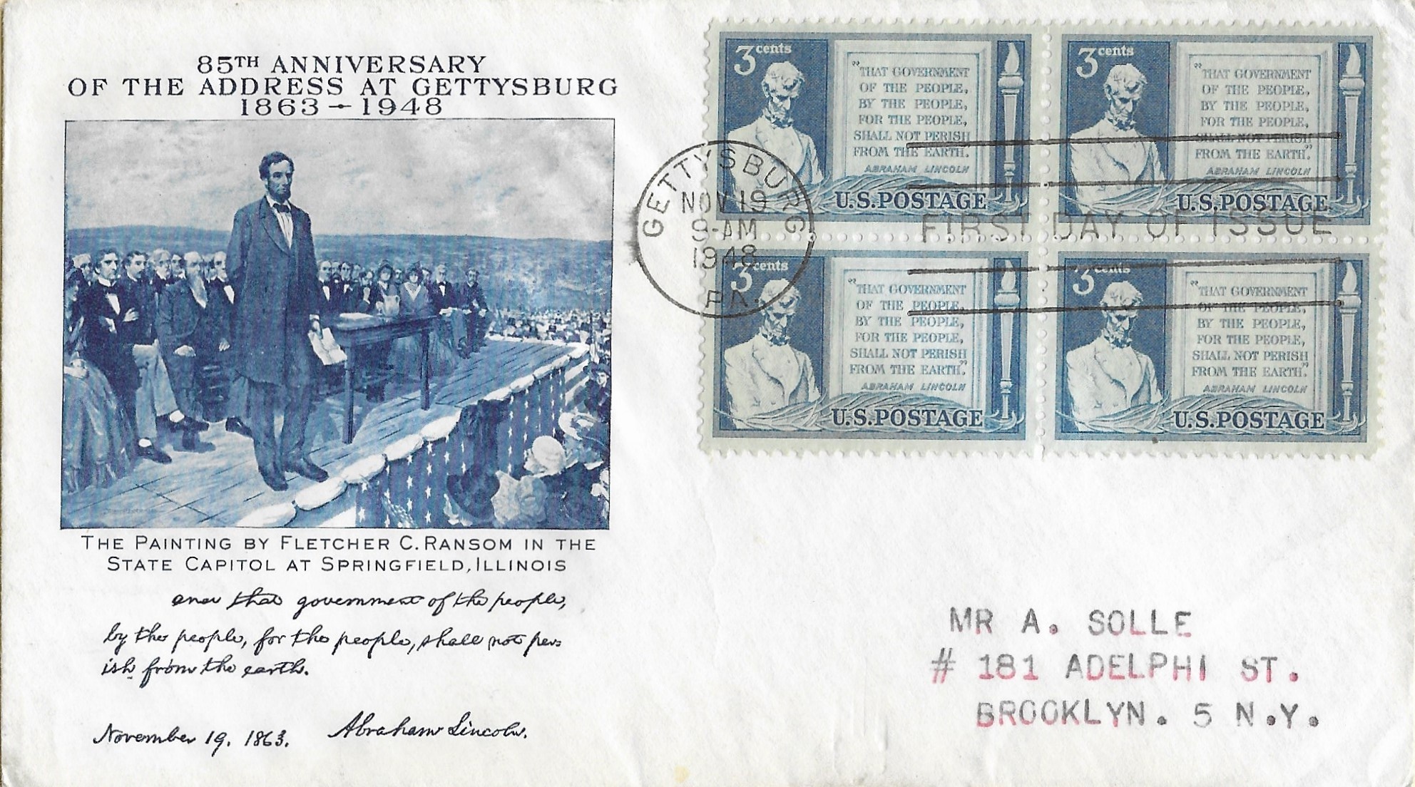 1948 FDC, #978, 3c Gettysburg Address, Fulton, block of 4 | United ...