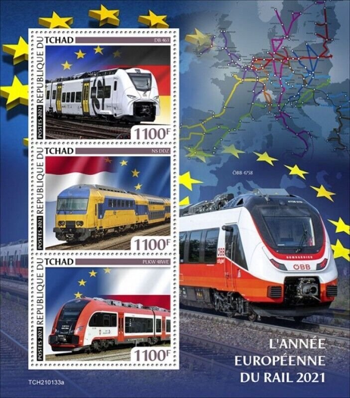 Chad - 2021 European Year of Rail Trains - 3 Stamp Sheet - TCH210133a ...