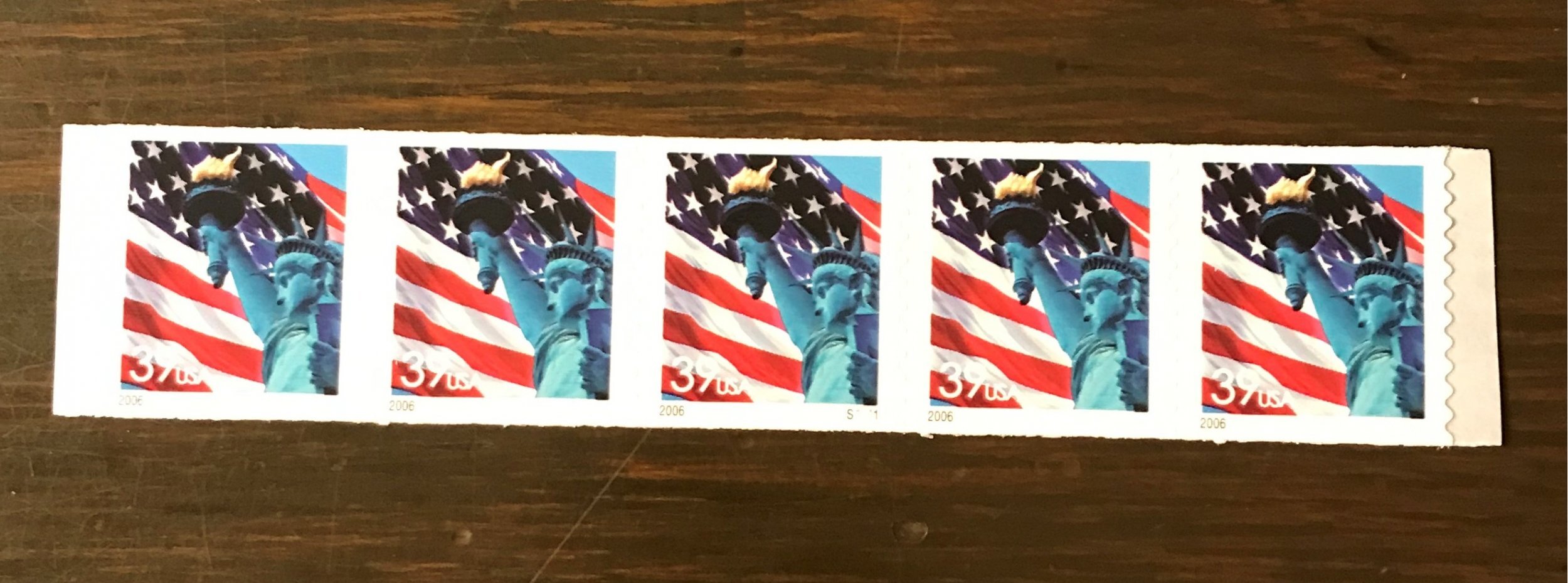 US SCOTT 3982 Coil -39¢ Flag&Statue of liberty(14) -Strip of 5 P# S1111 ...