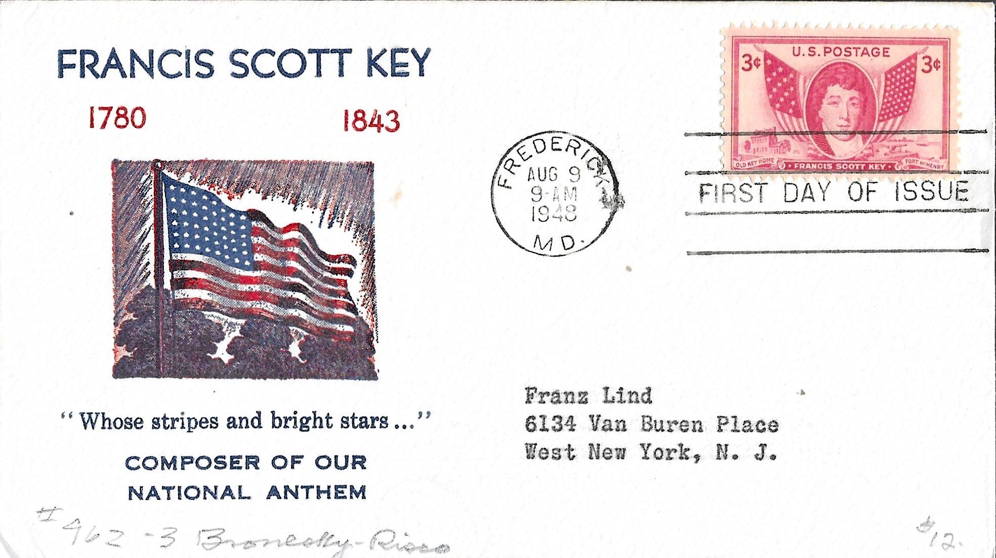 1948 FDC, #962, 3c Francis Scott Key, Bronesky-Risko | United States ...