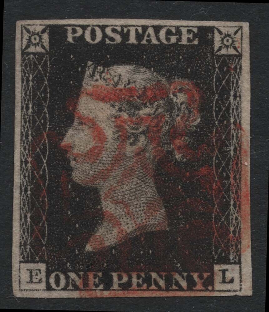 GB 1840 1d black plate 1b EL very fine used, 4 large margins, crisp red ...