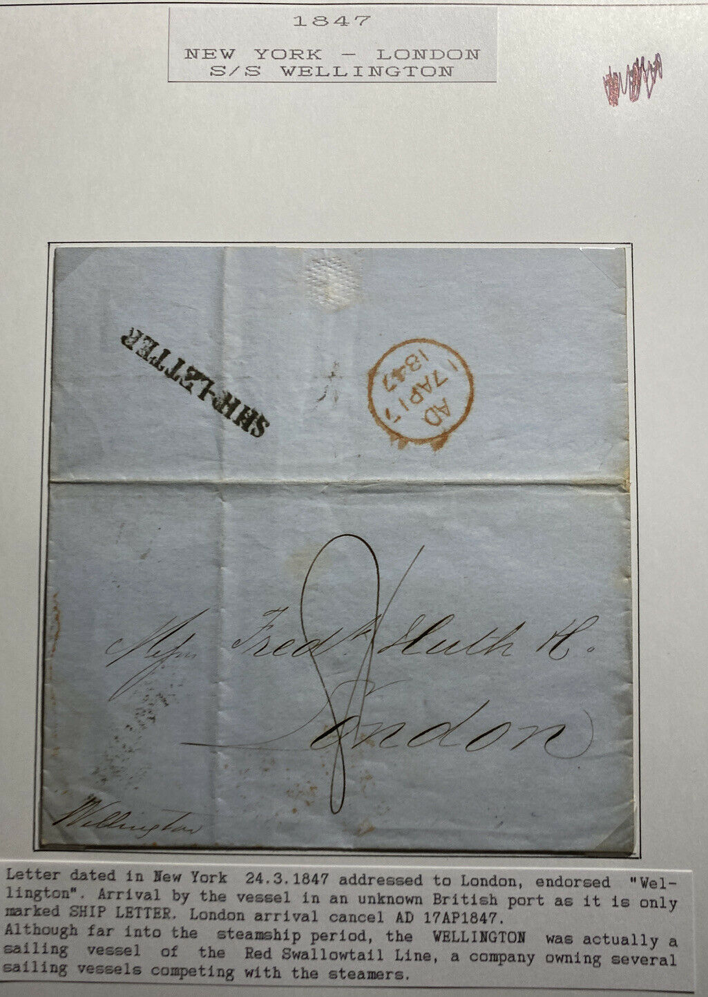 1847 New York Usa Letter Sheet Cover To London England Via SS ...