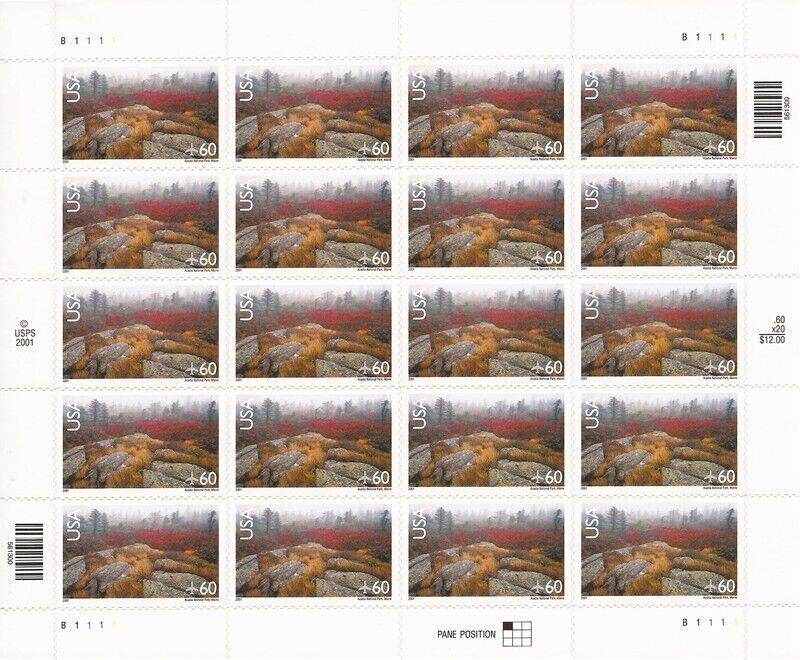 US Stamp 2001 60c Acadia National Park Airmail - 20 Stamp Sheet #C138 ...