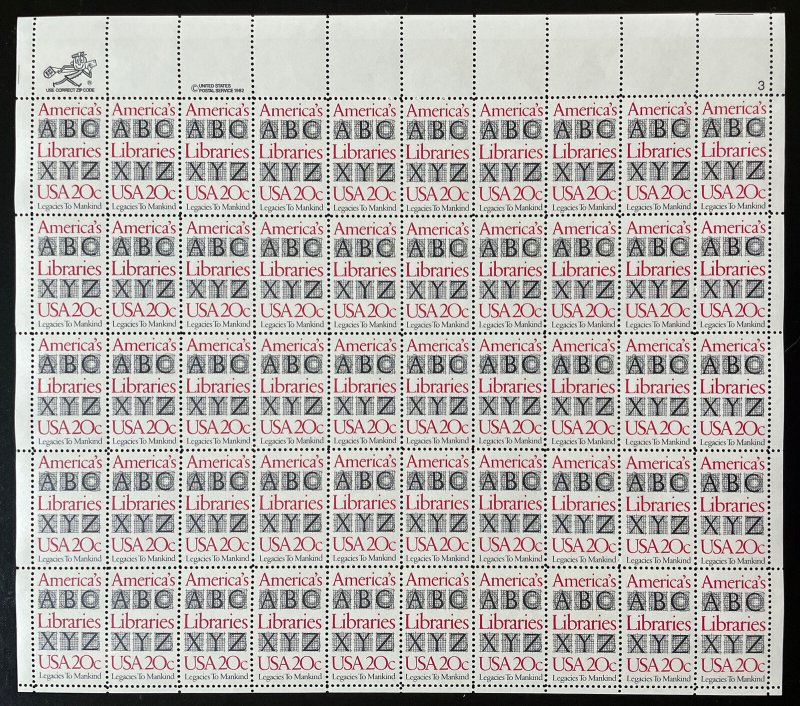 Scott 2015 AMERICA’S LIBRARIES Sheet of 50 US 20¢ Stamps MNH 1982 ...