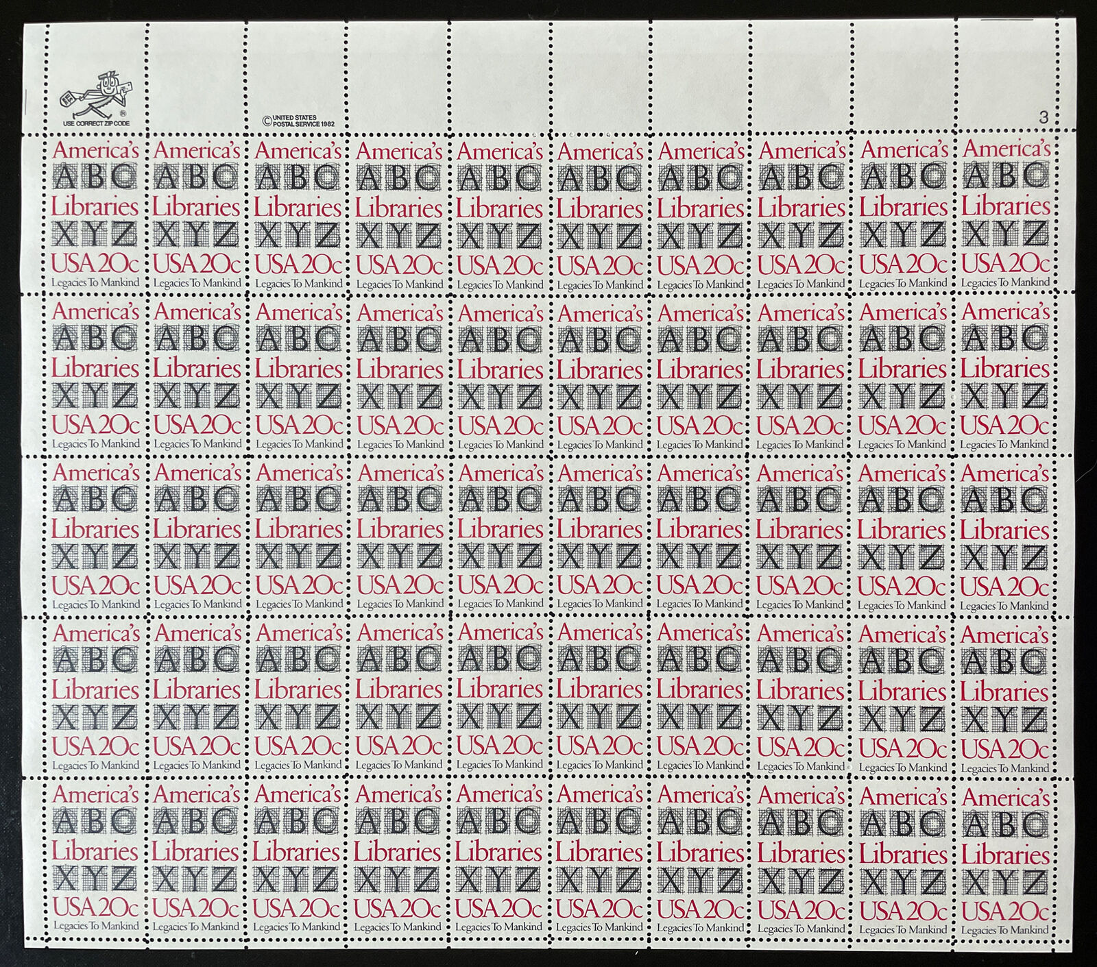 Scott 2015 AMERICA’S LIBRARIES Sheet of 50 US 20¢ Stamps MNH 1982 ...
