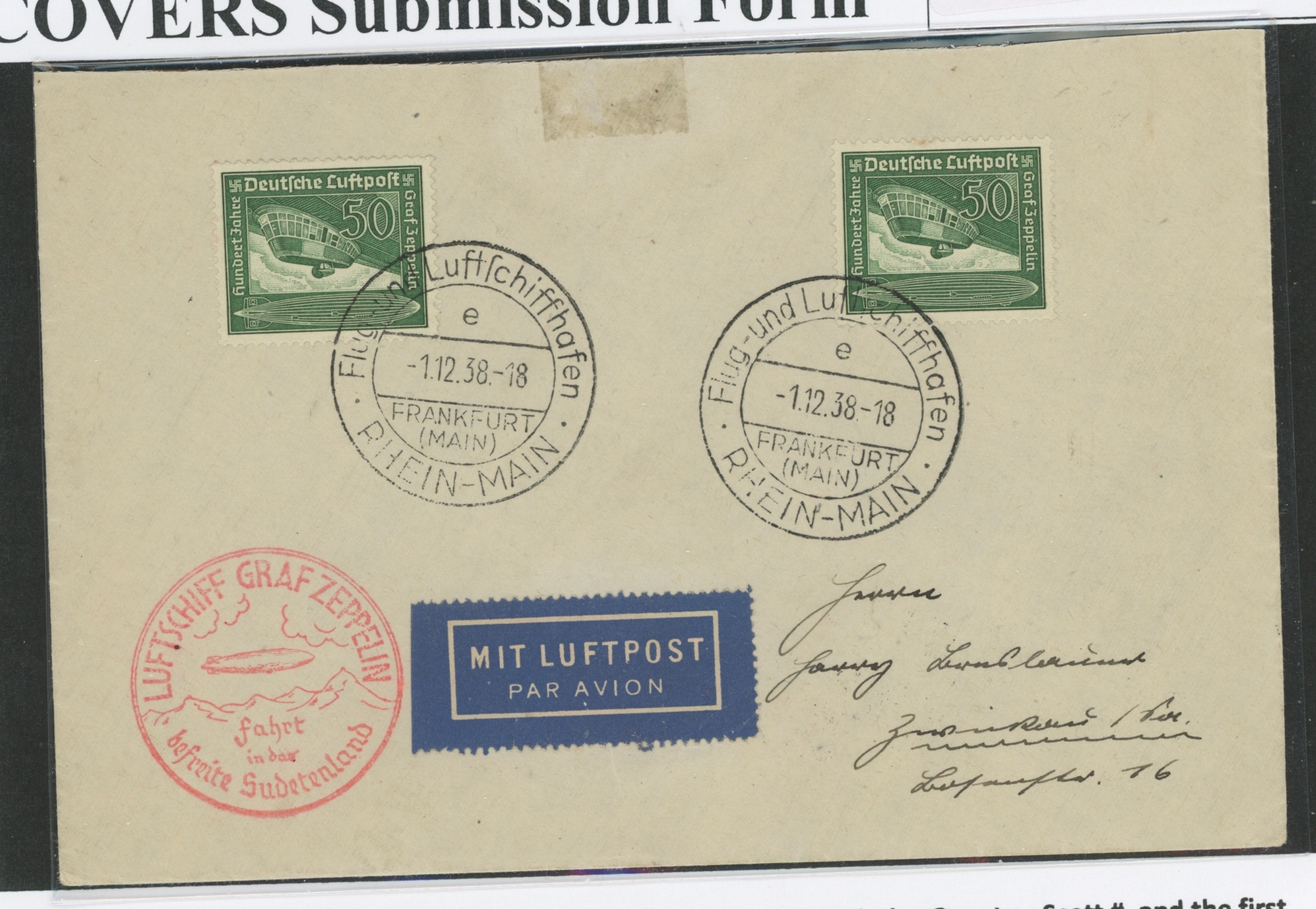 Germany C60 1938 Cover carried on the Graf Zeppelin II (LZ130) Dec '38 ...