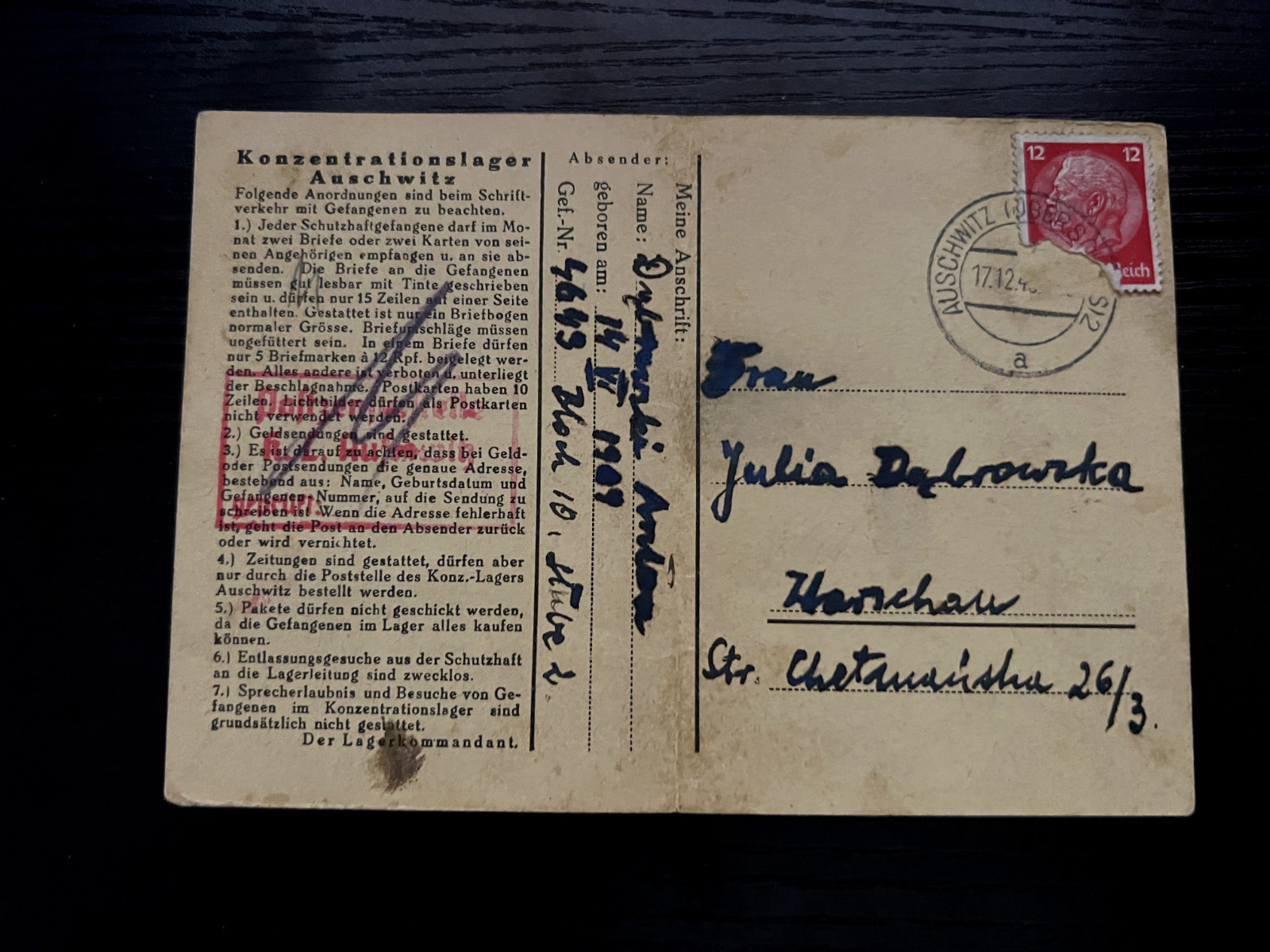 1941 Germany Auschwitz Concentration Camp Rare Rules Postcard Cover ...