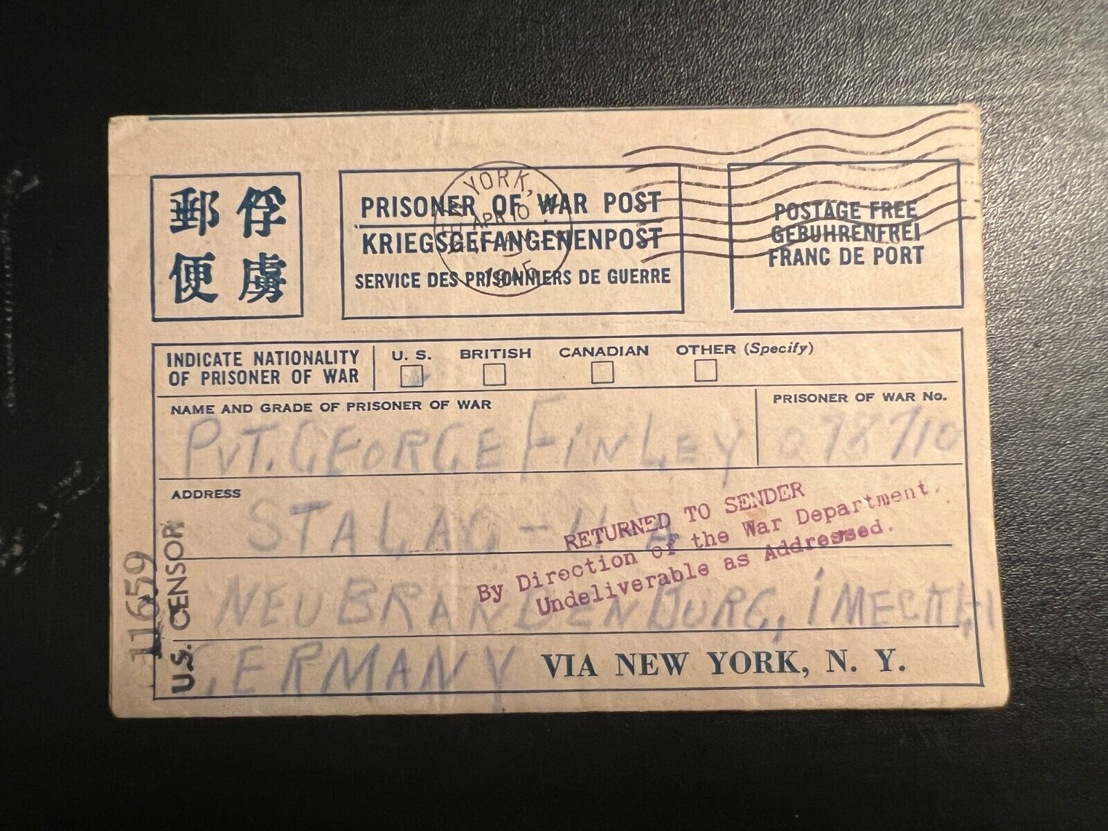 1945 USA Prisoner of War POW Cover to Stalag 11A Germany Returned to ...