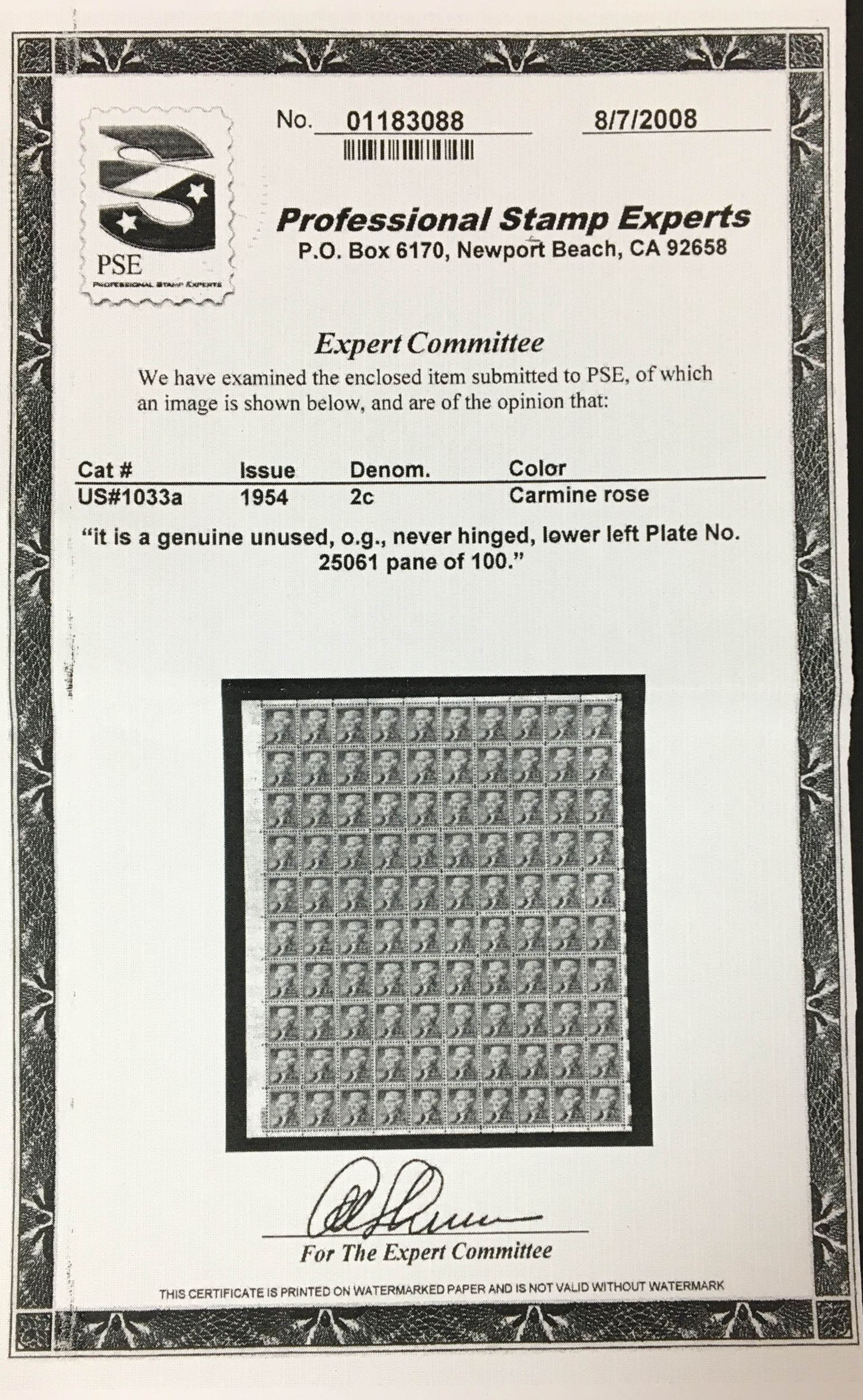 US Stamps # 1033a Silkote Paper POS 46 Mint OG NH XF PSE Cert $275 ...