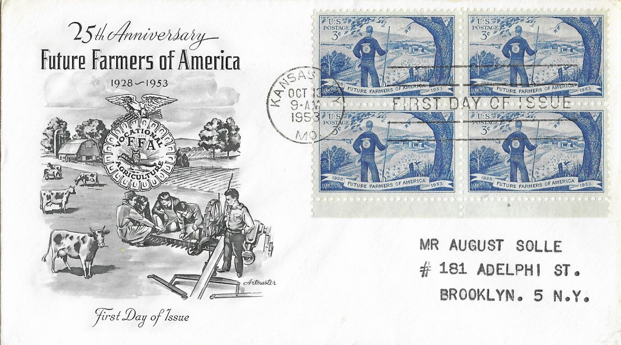 1953 FDC, #1024, 3c Future Farmers of America, Artmaster, block of 4 ...