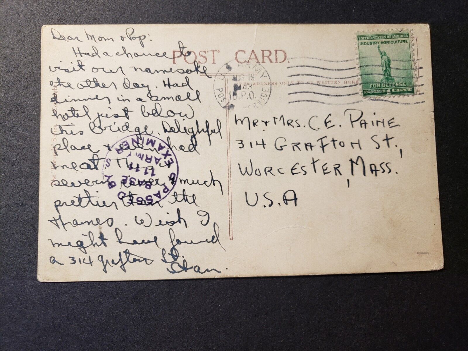 1 BPO WORCESTER, ENGLAND, UK 1943 Censored WWII Army Cover BRIDGE ...