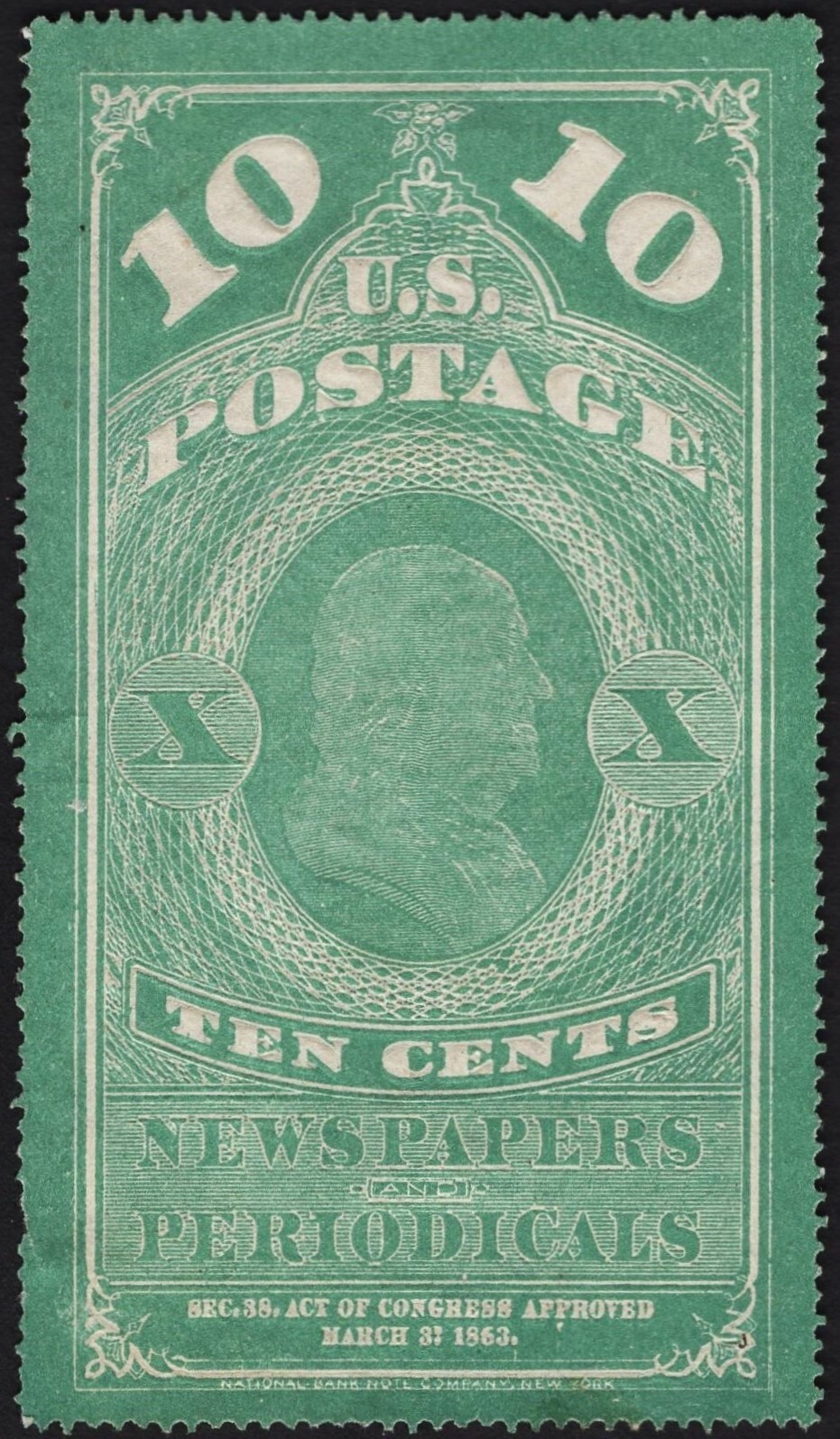 US#PR2a 10c Green Franklin Newspaper Stamp NGAI SCV $300 | United ...