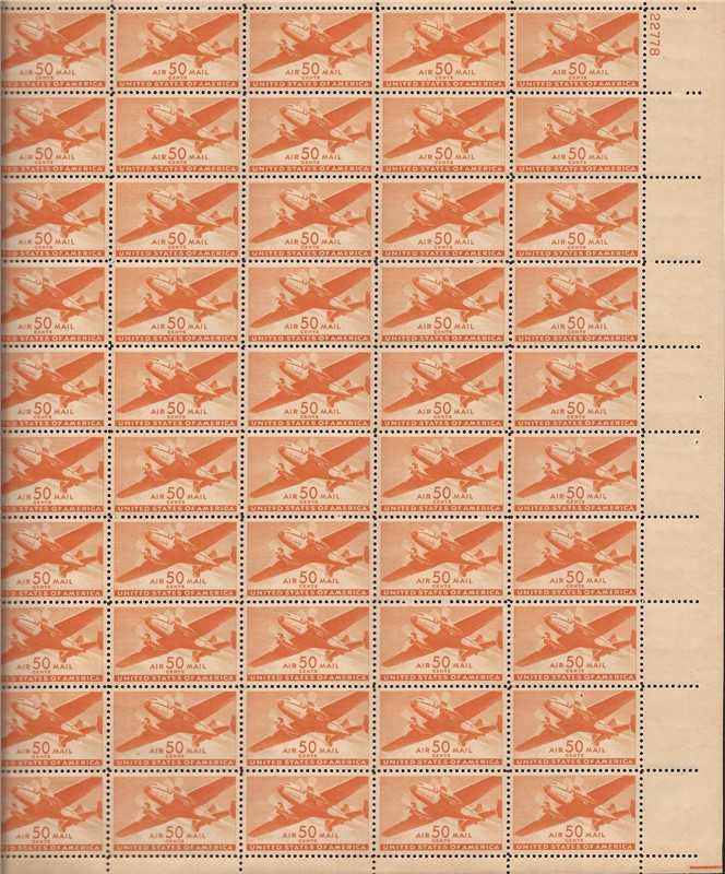 US Stamp - 1941 50c Transport Plane Airmail 50 Stamp Sheet XF MNH #C31 ...