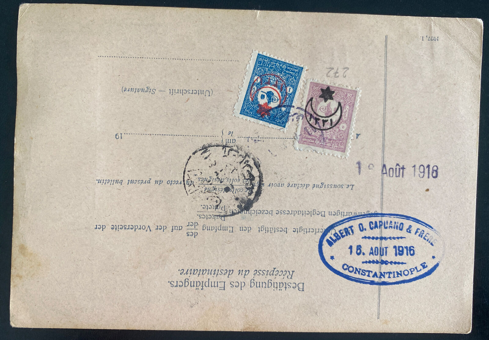 1916 Vienna Austria Parcel Receipt PS Card Cover to Constantinople ...