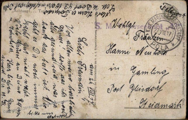 Austria WWI U-43 Submarine Unterseeboot U-Boot Feldpost KuK Pola 48313 ...