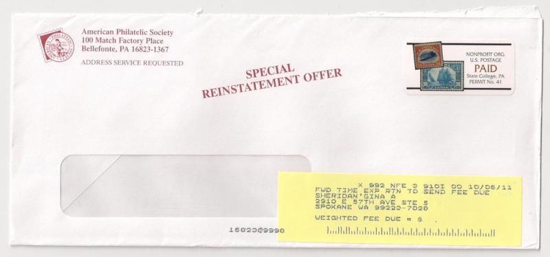 APS Postage Paid label cover RETURNED "WEIGHTED FEE" levied | United ...