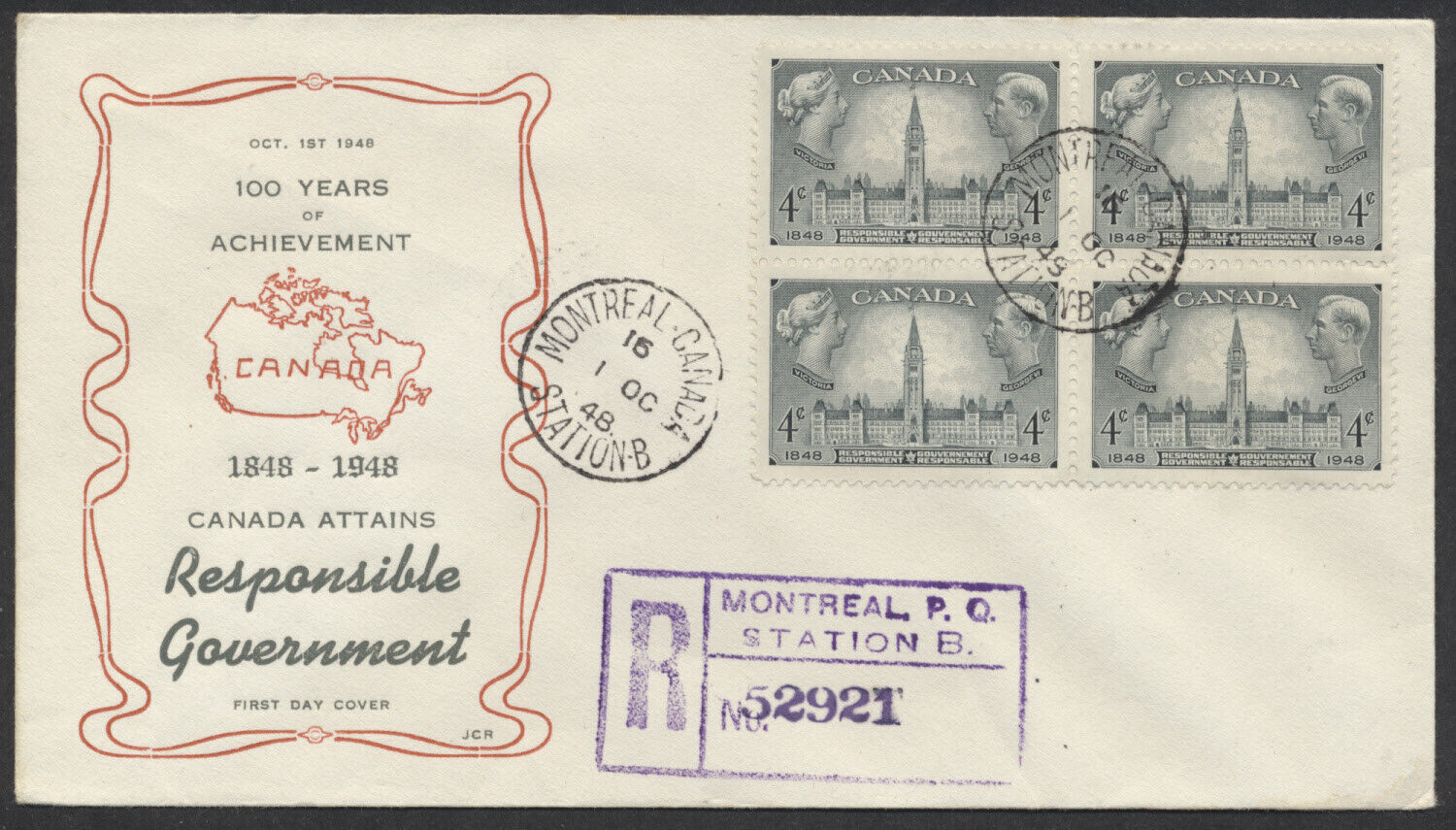 1948 #277 Responsible Govt FDC, Block, Red-Gray JCR Cachet, Registered ...