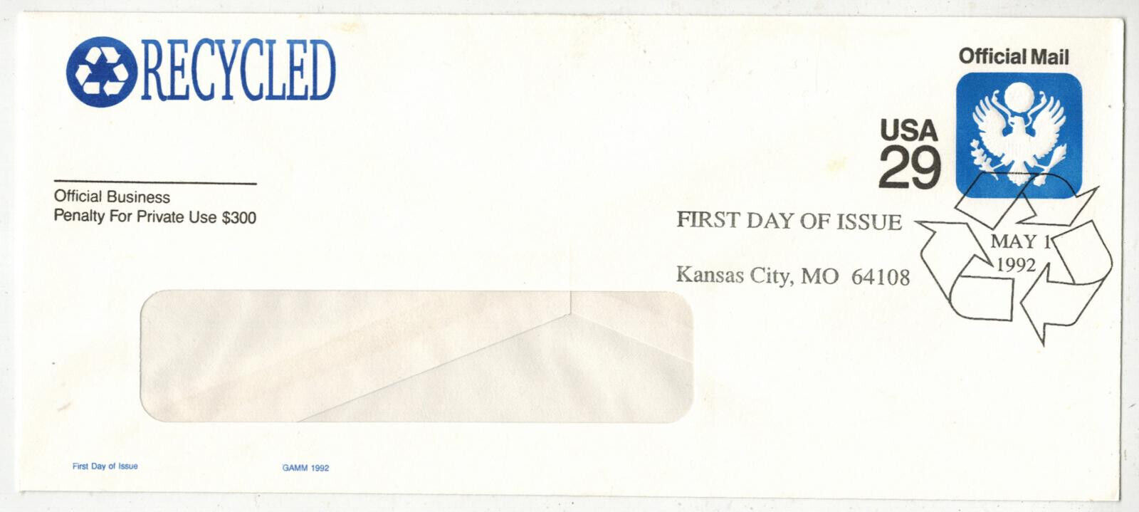 1992 Eagle Official Business Mail ENV. Uo84 Recycled Paper Reissue ...