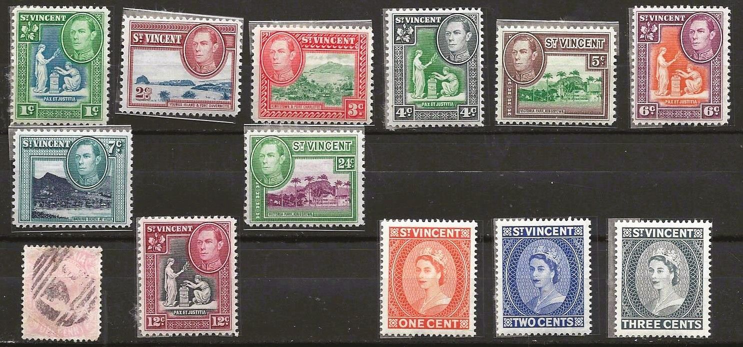 St Vincent - 12 Stamps in mounts + a hidden bonus (bottom left ...