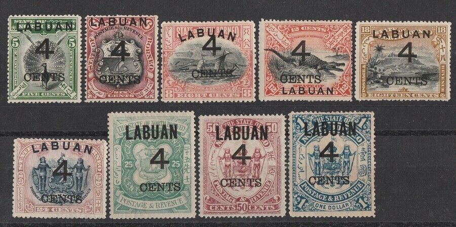 LABUAN 1899 Large '4 CENTS' on Pictorial set 5c-$1. SG 102-110 cat £250 ...