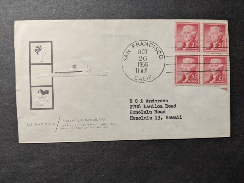 Ship SS MARIPOSA, MATSON Line Naval Cover 1956 MAIDEN VOYAGE Cachet ...