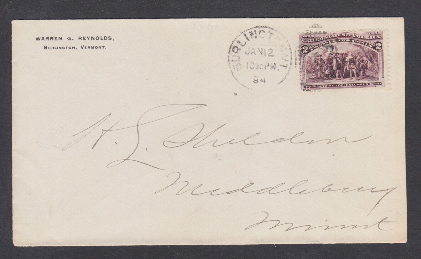 US Sc 231 on 1894 cover, 2c Columbian tied by BURLINGTON, VT cancel ...