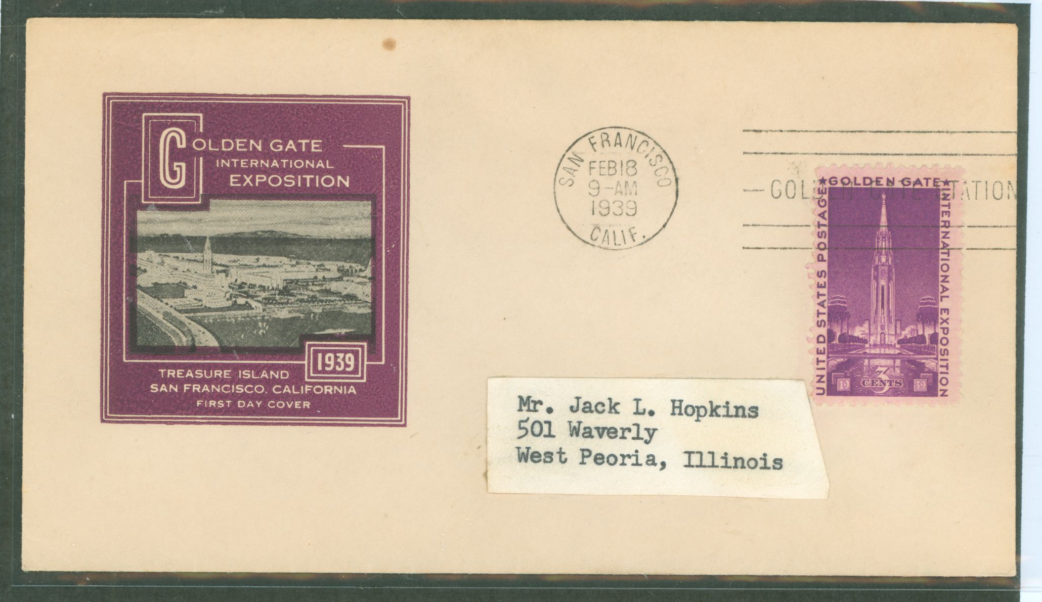 US 852 1939 3c Golden Gate Exposition on an addressed (label) FDC with ...