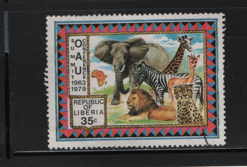 Liberia 840 U 1979 Elephant, giraffe, lion, antelope, cheetah and map ...