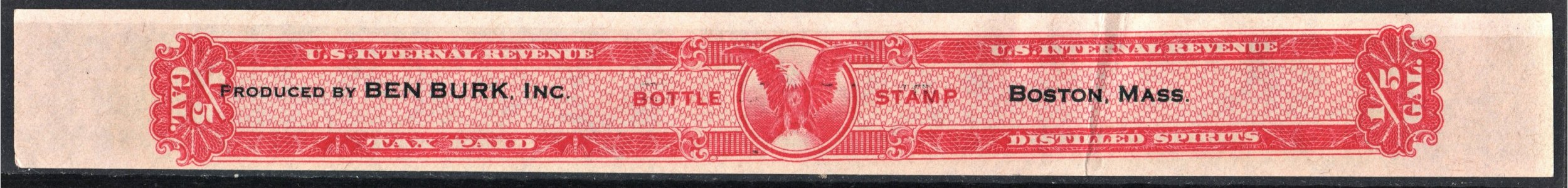 Federal Tax Strip Distilled Spirits Bottle Stamp: ⅕ Gallon (1934-44 ...