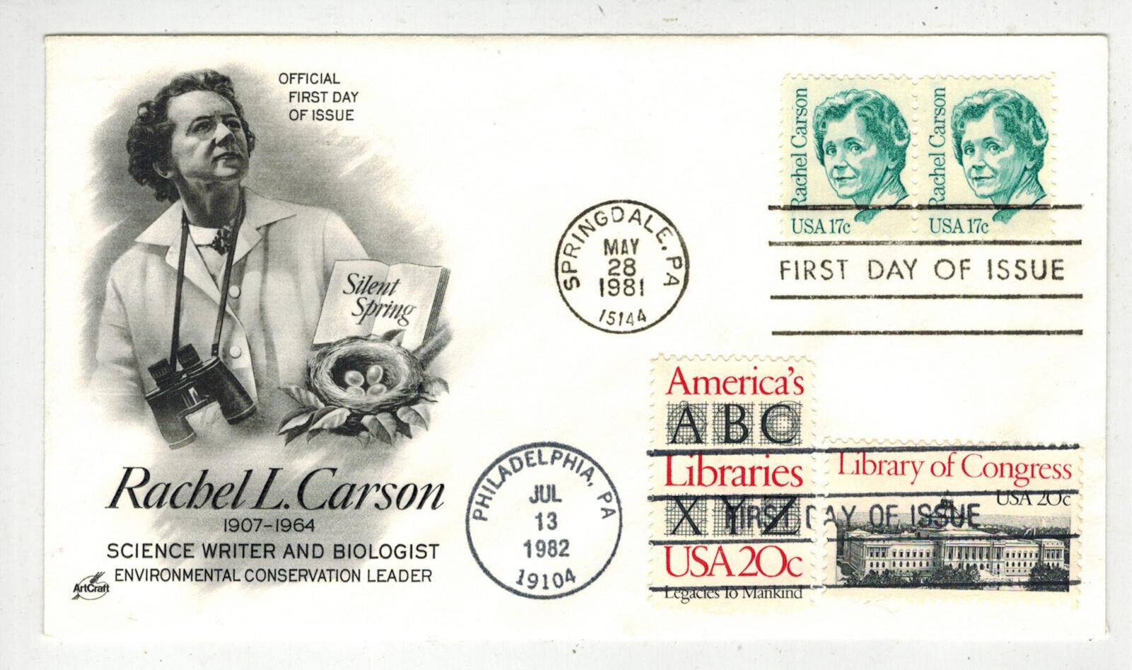 DUAL FDC RACHEL CARSON #1857 & AMERICA'S LIBRARIES #2015 + Library Of ...