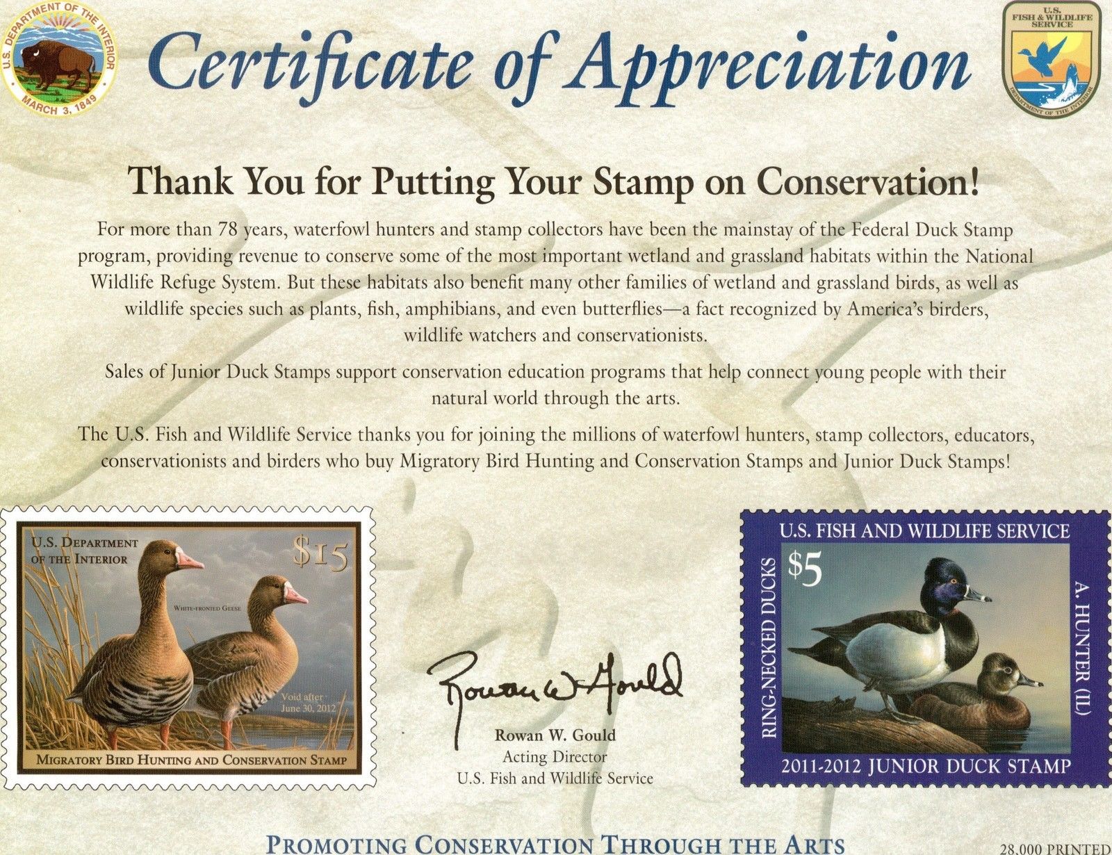 RW78 - Federal Duck Stamp Certificate Of Appreciation Card. #02 RW78APP ...