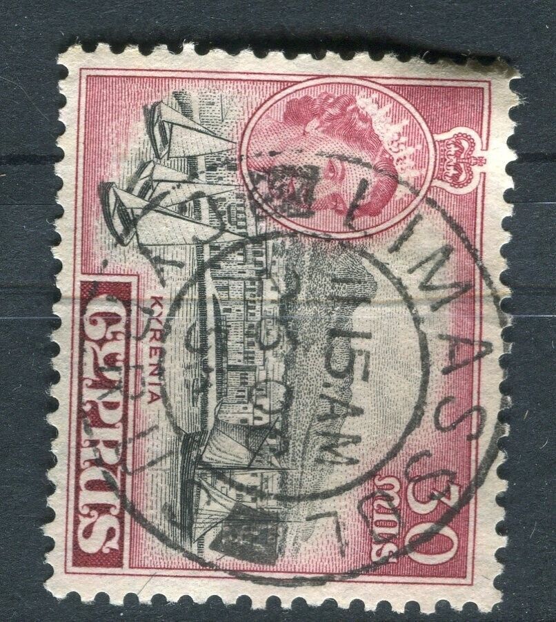 CYPRUS; 1950s early QEII pictorial issue fine use d30m. value Postmark ...