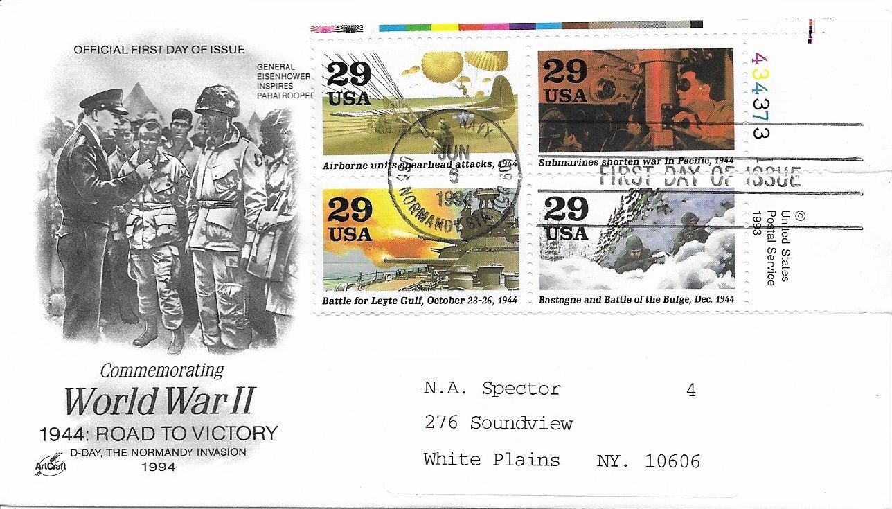 1994 FDC, #2838, 29c World War II: 1944, Art Craft, plate block of 4 ...