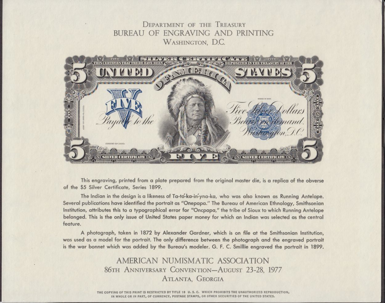 1977 ANA 86th Convention card B-41 NSC10 $5 Native American silver ...