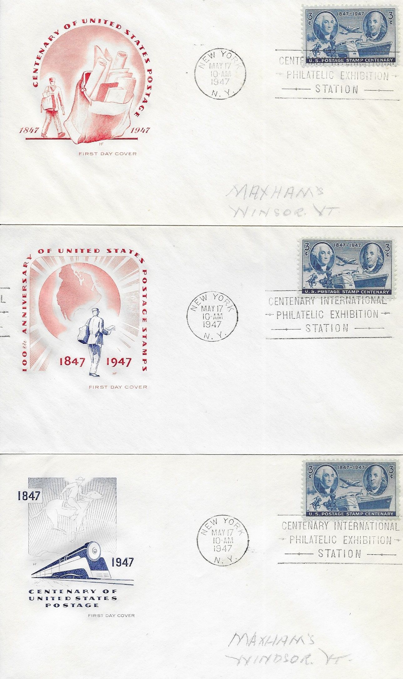 1947 FDC, #947, 3c Stamp Centenary, 3 different House of Farnam ...