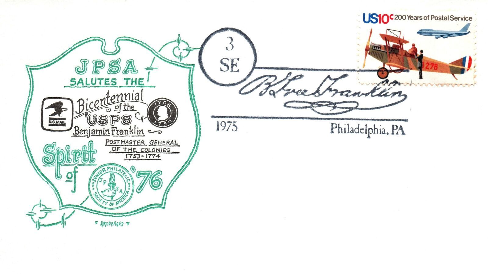 200 Years of Postal Service Stamp Tied Facsimile of BEN Franklin ...