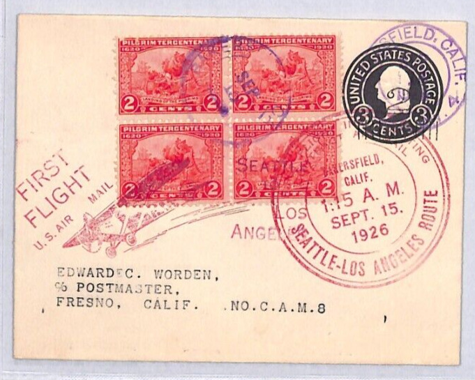 USA Air Mail FIRST FLIGHT COVER 1926 SEATLLE-LOS ANGELES Block Franking ...