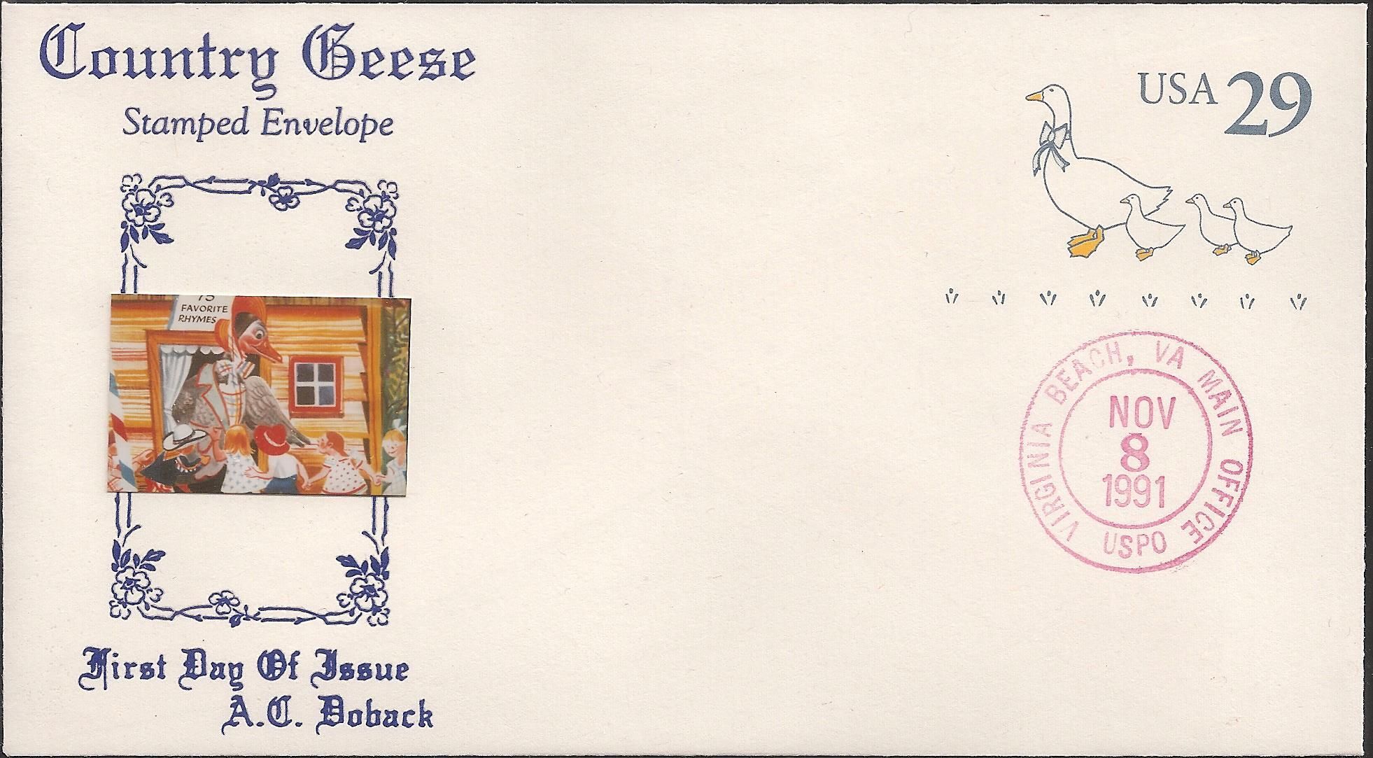 Three A.C. Doback Paste-on FDCs for the 1991 29c Country Geese Stamped ...
