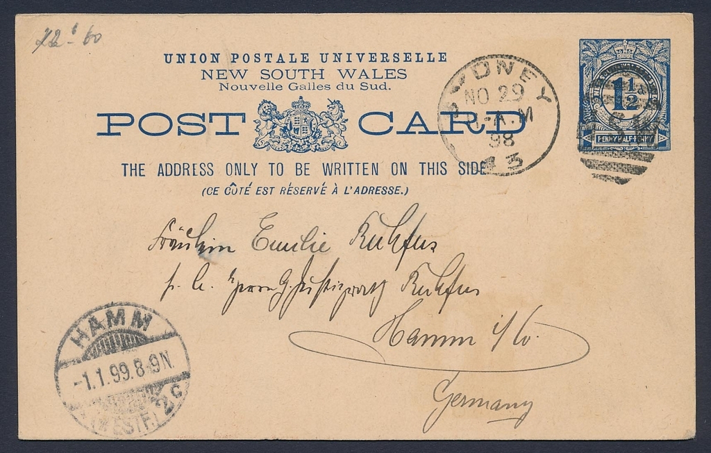 NEW SOUTH WALES Postcard 1898 ½d, 'Town Hall', 'New Year Greetings'. to ...