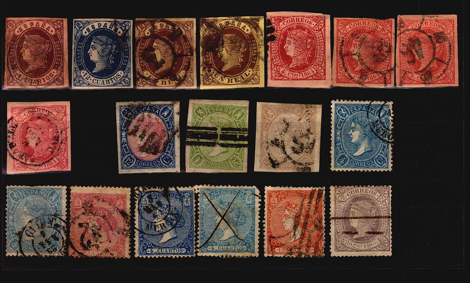 SPAIN CLASSIC USED STAMPS CAT VALUE +$450 COLOR PAPER & POSTMARKS ...