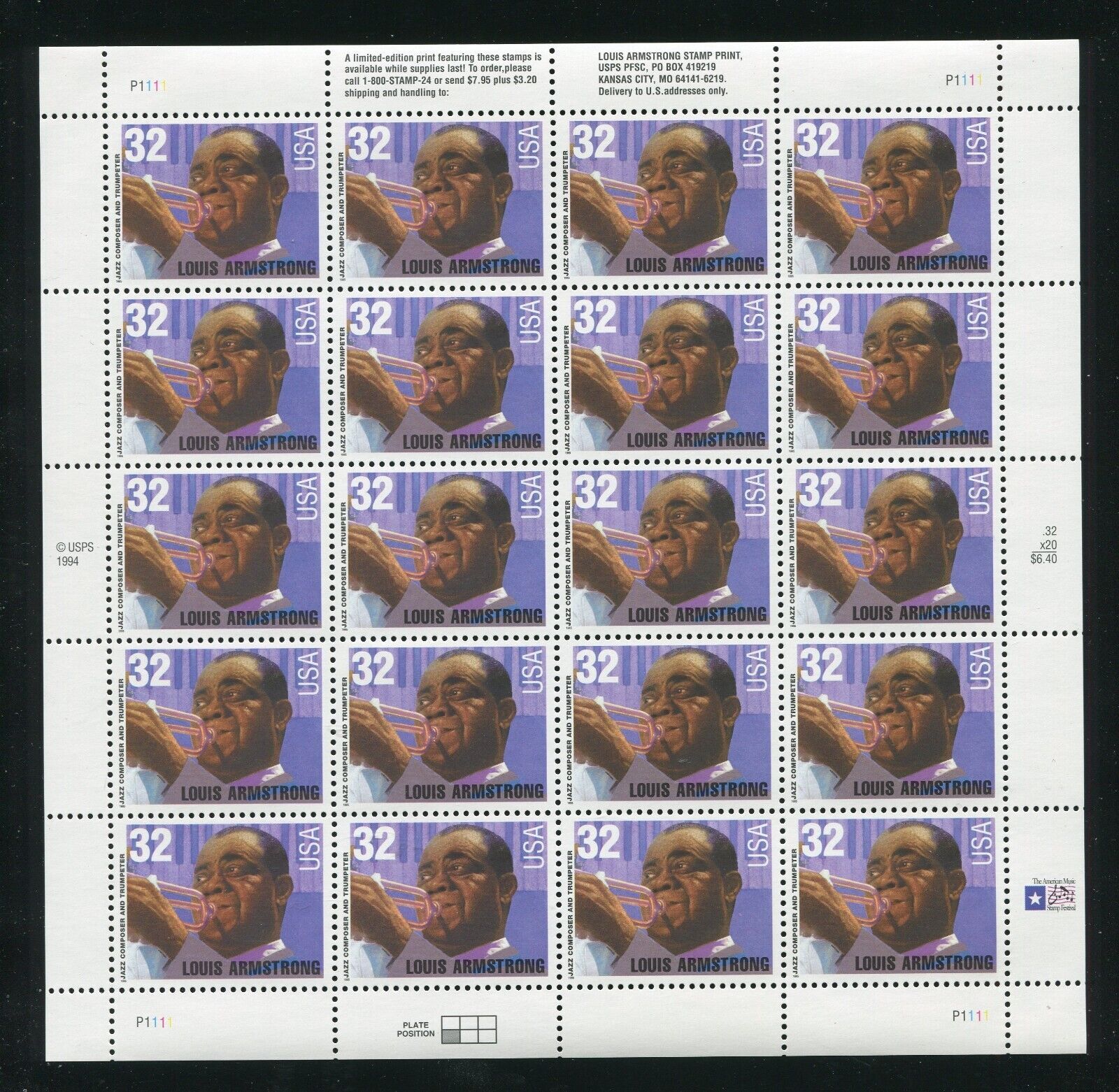 2982 Louis Armstrong Sheet of 20 32¢ Stamps MNH 1995 | United States ...
