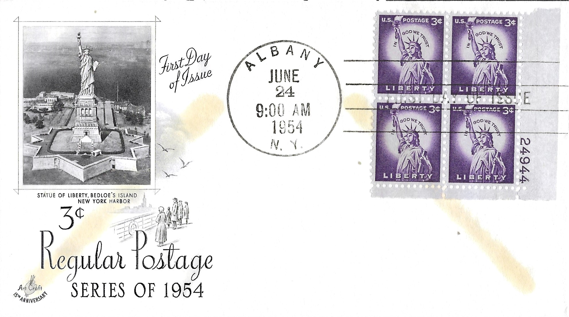 1954 FDC, #1035e, 3c Statue of Liberty, Art Craft, plate block of 4 ...