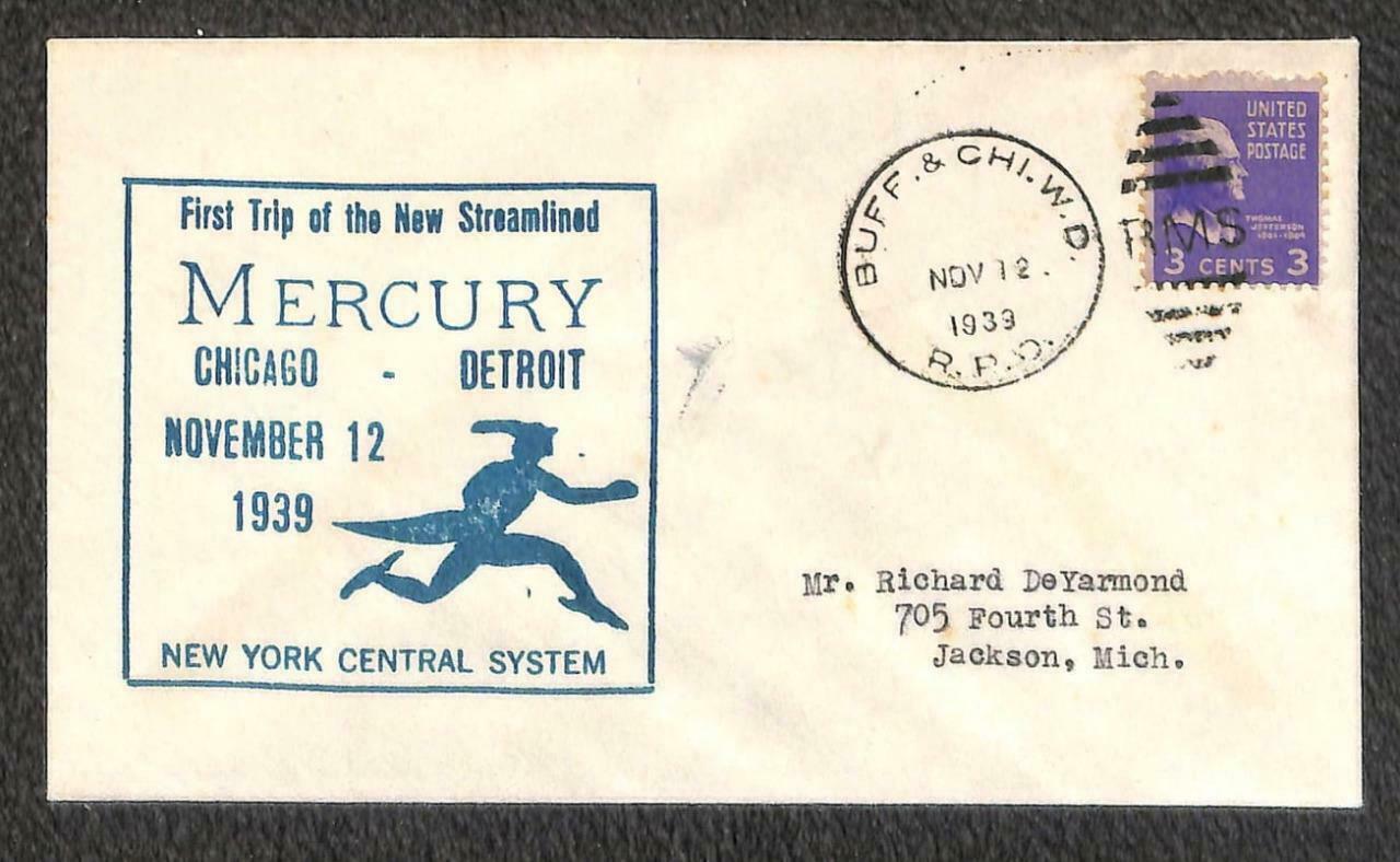 USA #807 Prexy Stamp Mercury Train Chicago to Detroit New York CS RPO ...