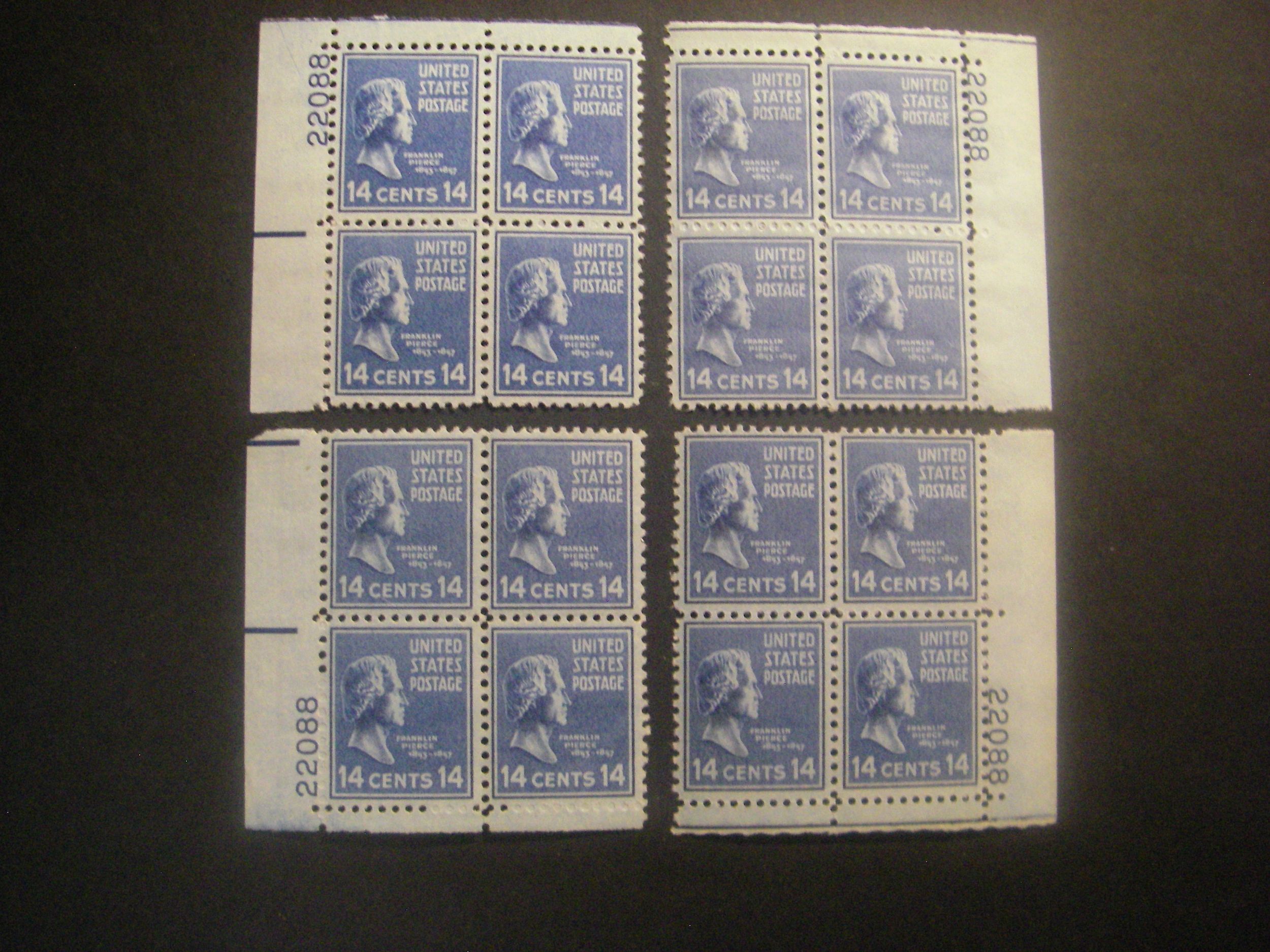 Scott 819, 14c Franklin Pierce, PB4 #22088 x4, Matched Set, MNH Prexie ...