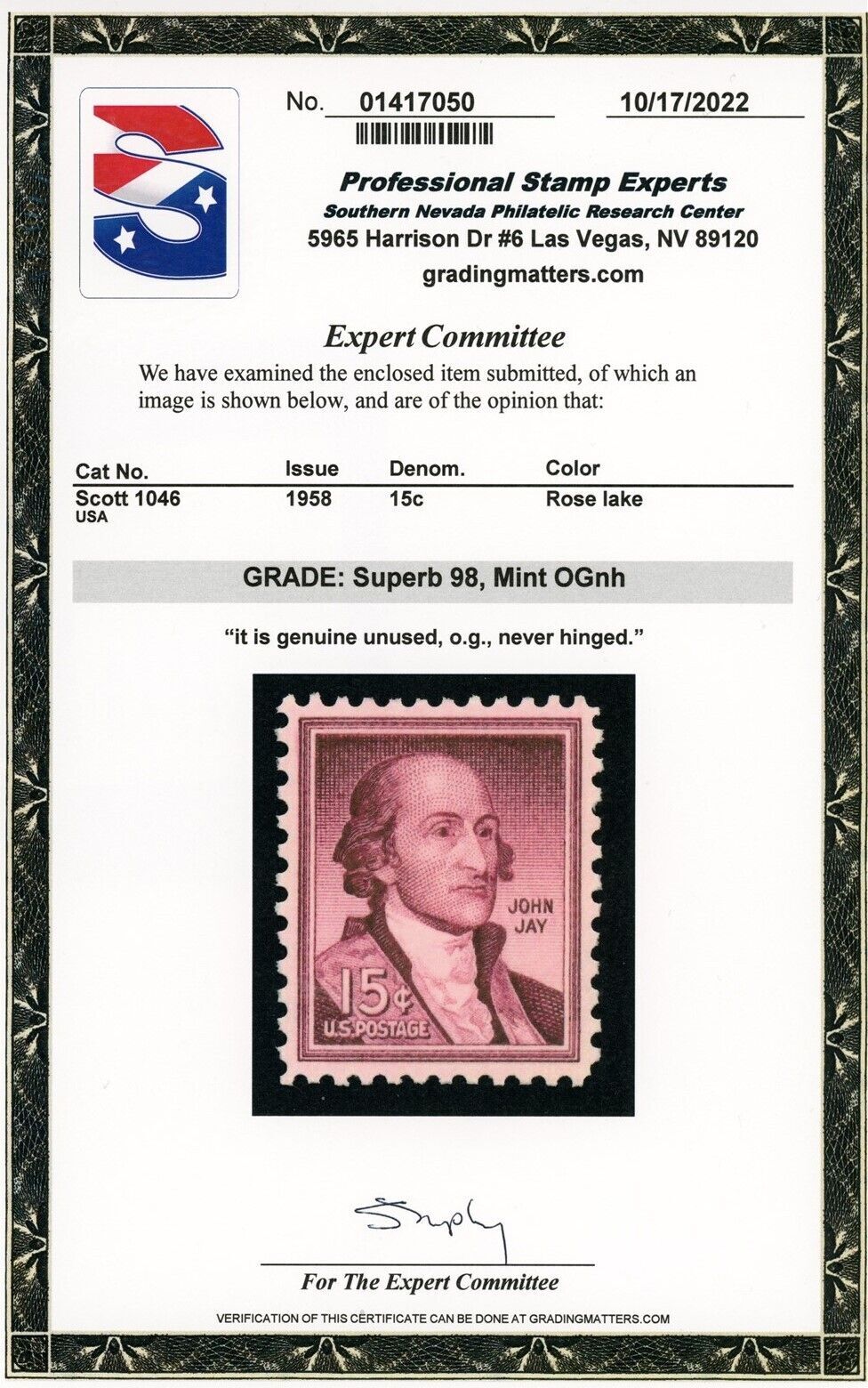 US Stamp #1046 John Jay 15c - PSE Cert - Superb 98 - MNH - SMQ - $110. ...